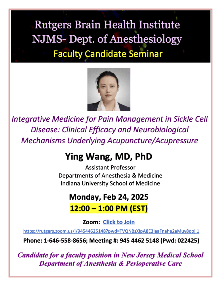 NJMS-Anesthesiology/BHI Faculty Candidate Seminar: Ying Wang, MD, PhD - BHI